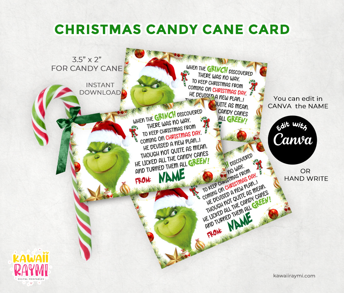 Candy Cane 3 Grinchmas Christmas cards, printable PDF file, candy cane ...