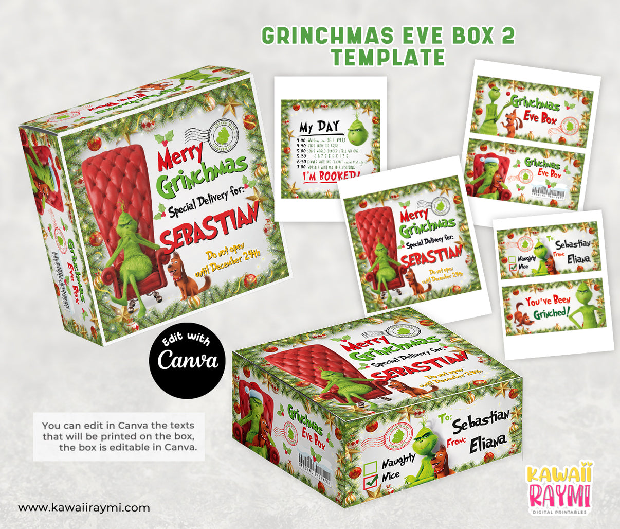 Grinchmas eve box template 2 and christmas eve favor labels, Instant d ...