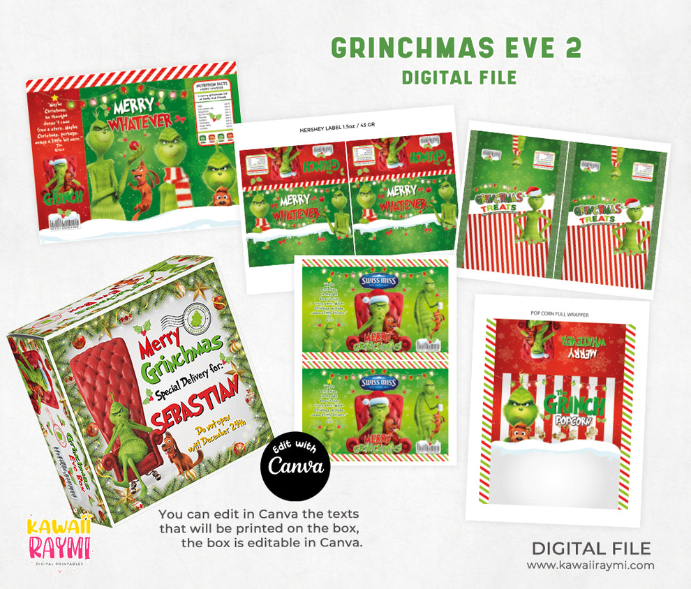 Grinchmas eve box template 2 and christmas eve favor labels, Instant d ...