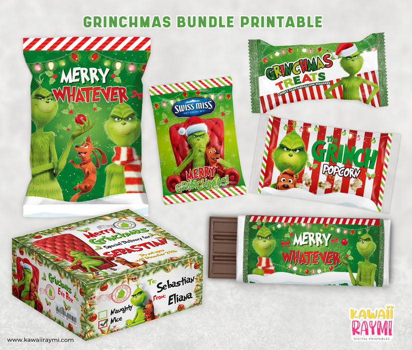 Grinchmas eve box template 2 and christmas eve favor labels, Instant d ...