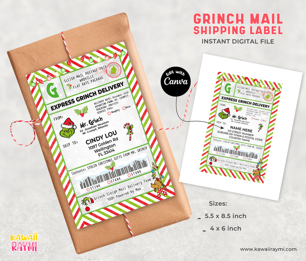 Grinch mail label template, edit the name in Canva, digital file grinc ...