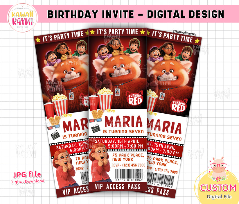 Turning red birthday invite, digital design turning red birthday party ...
