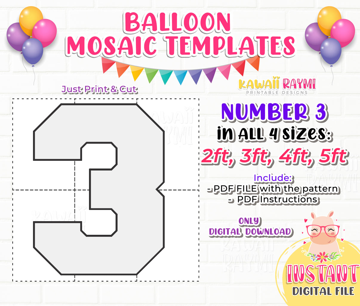 SQUARE Number 3, Balloon Mosaic Template, One Mosaic Number Template ...