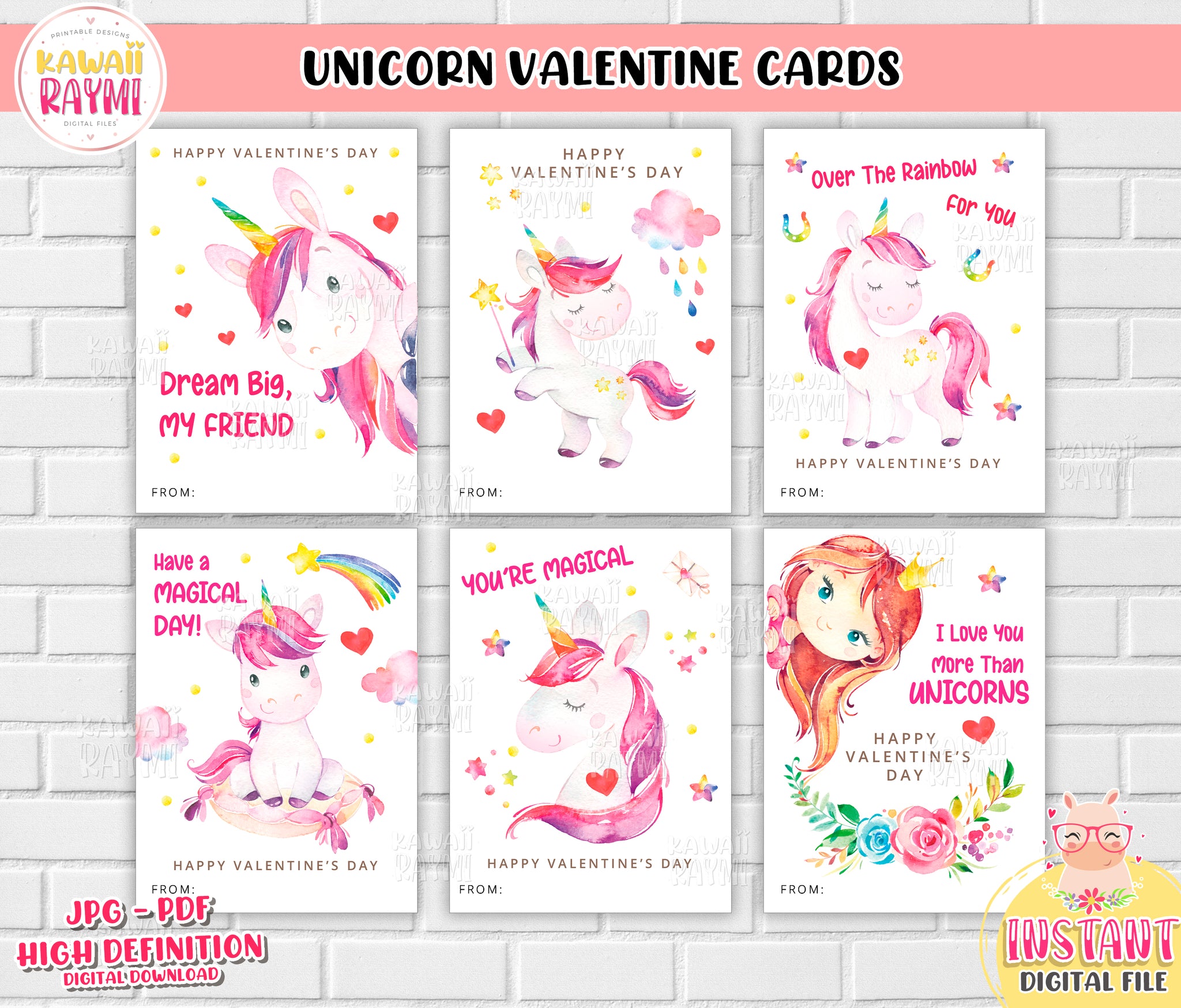 Unicorn Kids Valentine Cards, Unicorn pink Day DIY Printable Cards ...