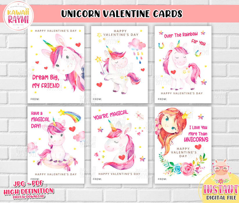 Unicorn Kids Valentine Cards, Unicorn pink Day DIY Printable Cards ...